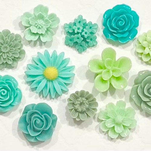 Flower Push Pins or Magnets Set in Teal and Bright Green - Etsy