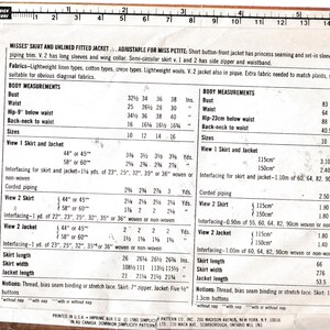 Jacket and Skirt Patterns Misses' Size 12 Bust 34 Unlined Fitted Jacket ...