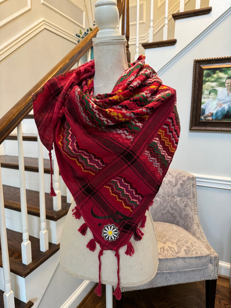 Versatile Red Keffiyeh With Evil Eye, Arabic Calligraphy, and Floral ...
