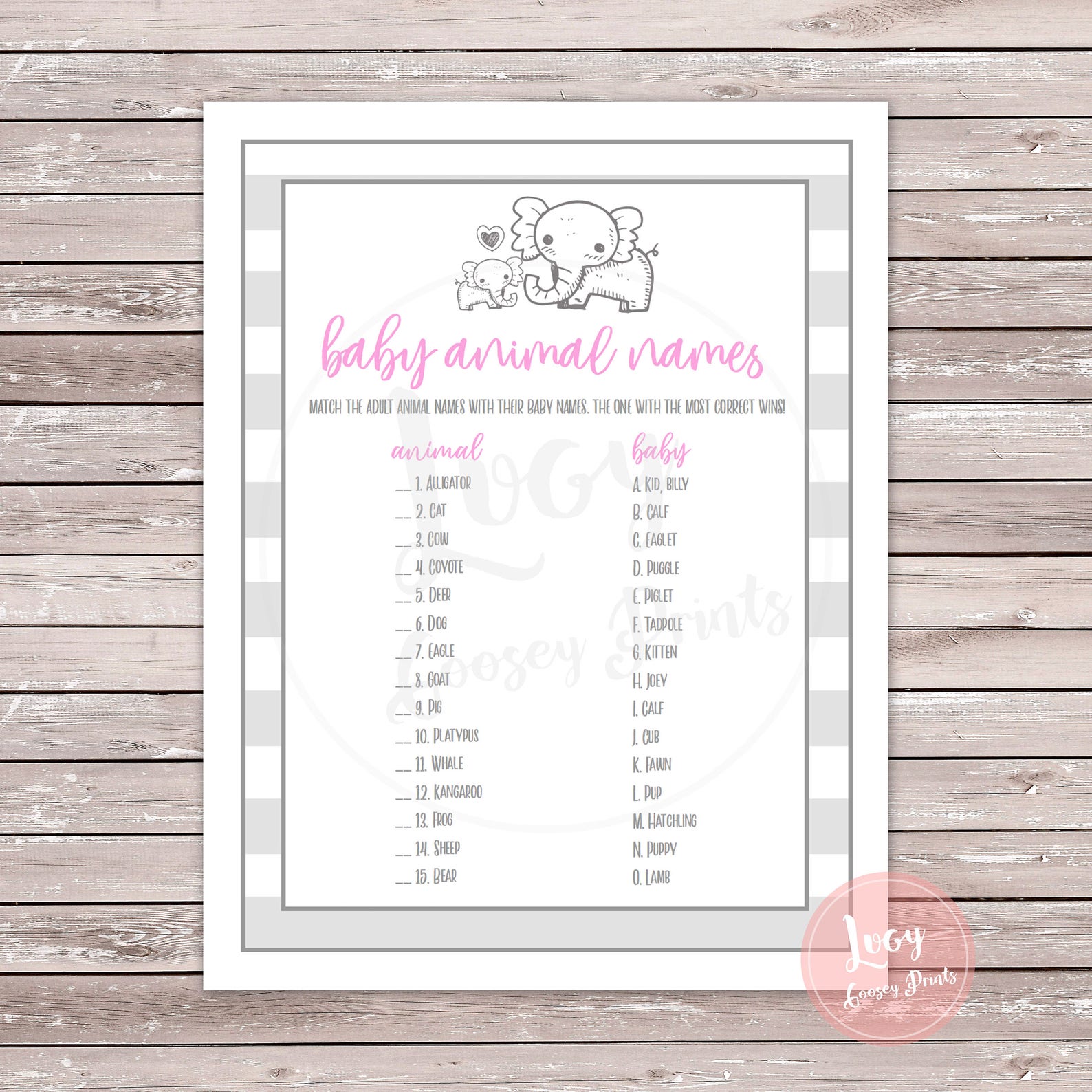 Baby Animal Names / Matching Game - Instant Download - Printable Games ...