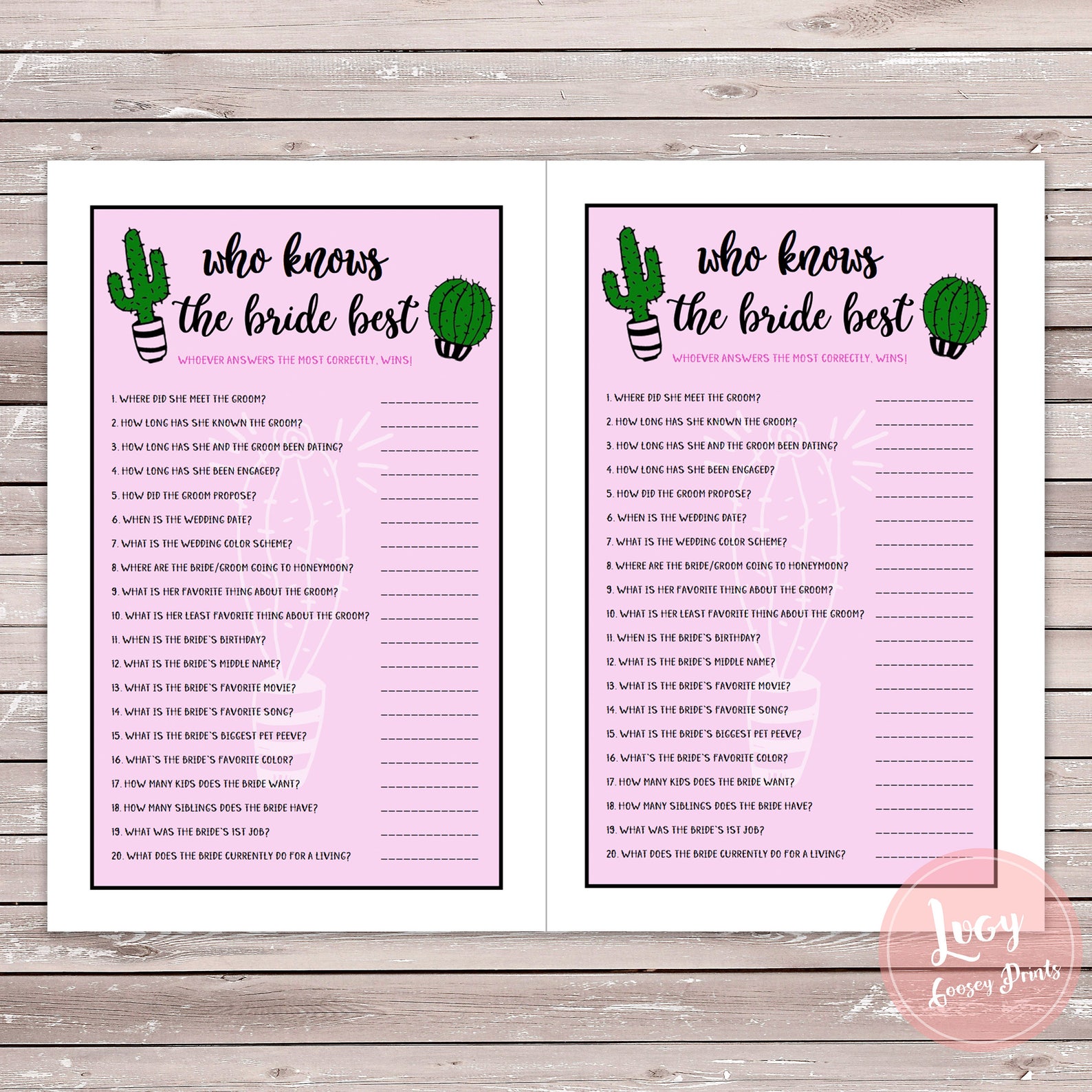 Who Knows the Bride Best, Bachelorette Party / Bridal Shower Printable ...