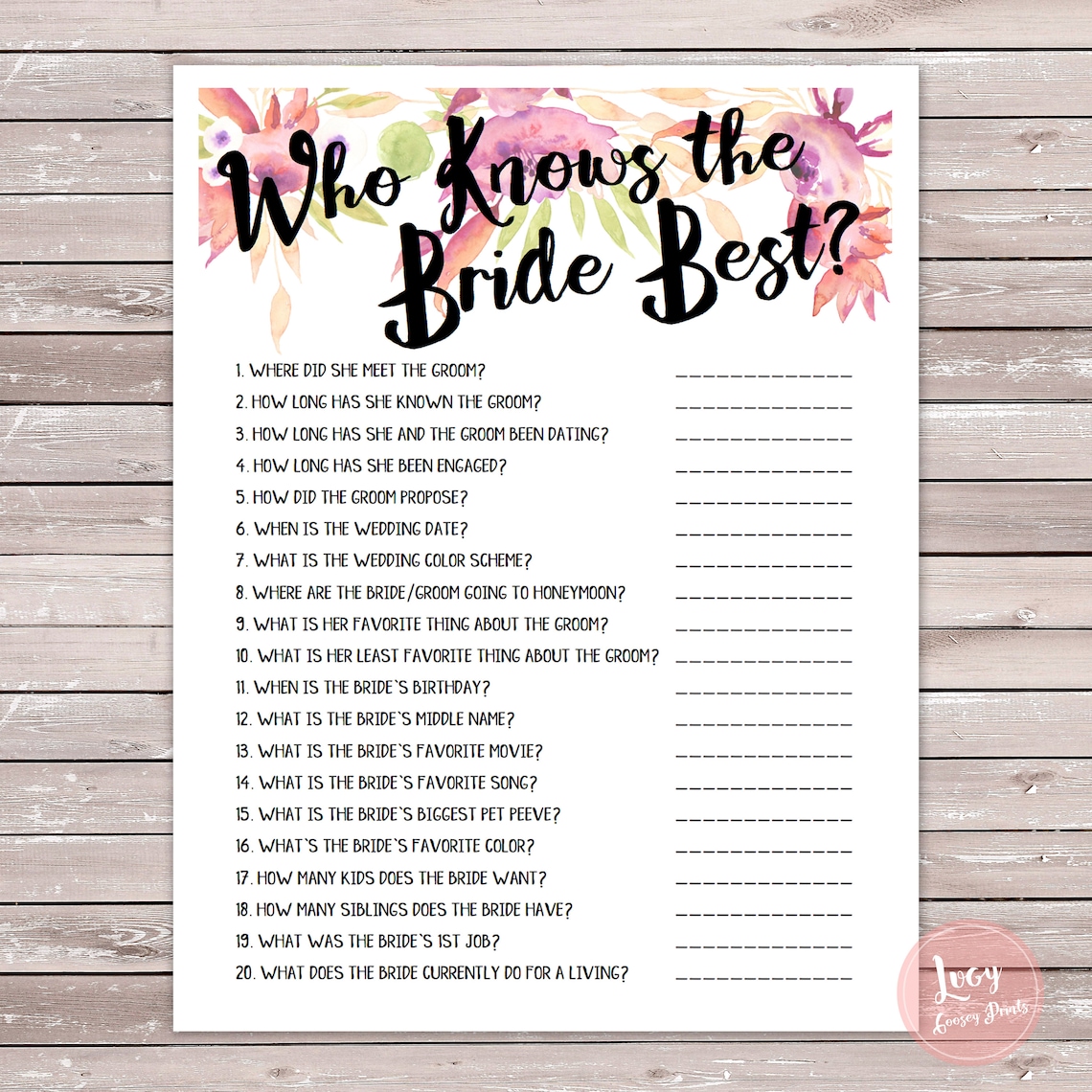 Who Knows the Bride Best? Printable Game - Etsy