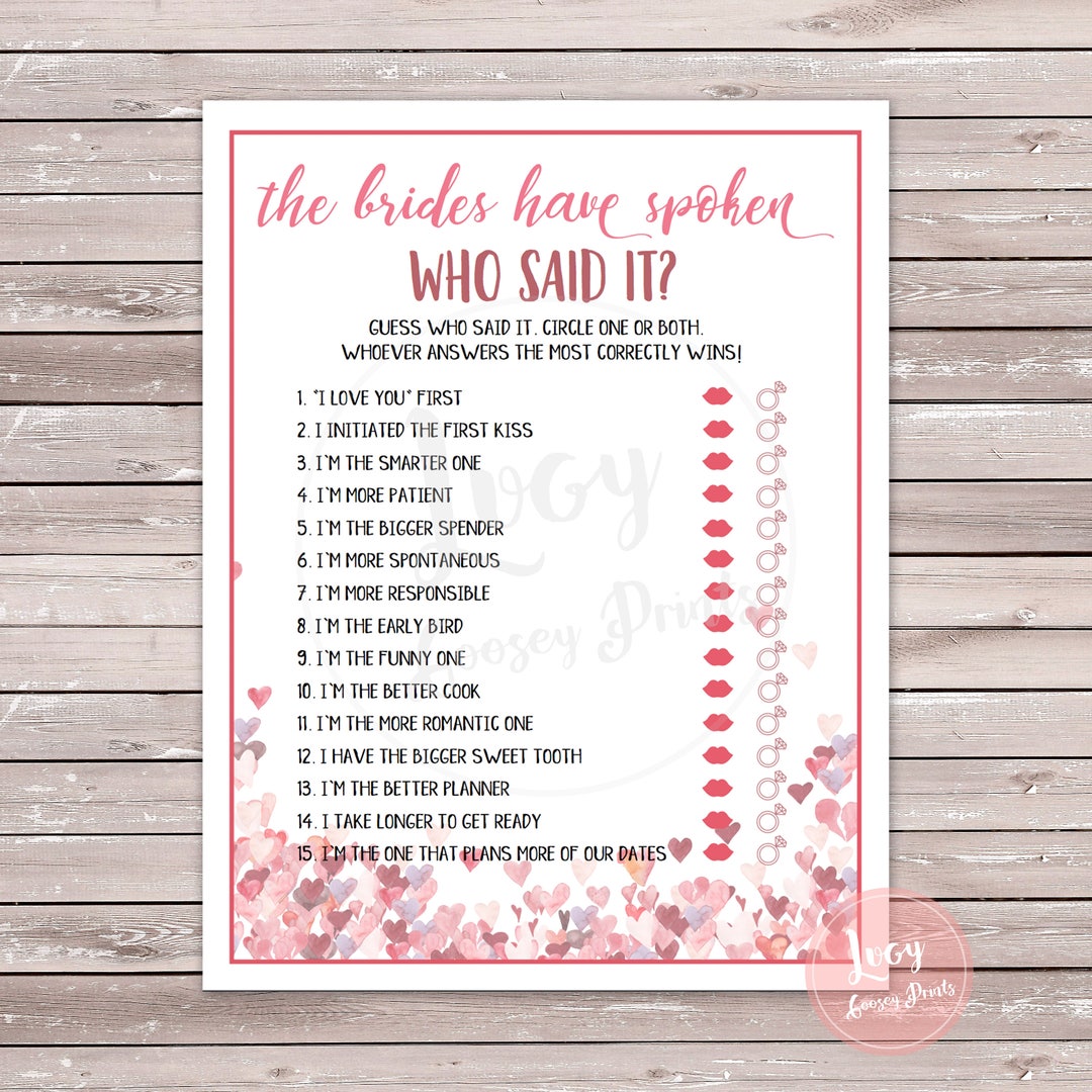 Who Said It? Bride Vs Bride Version. Hearts Theme. Bridal / Wedding ...