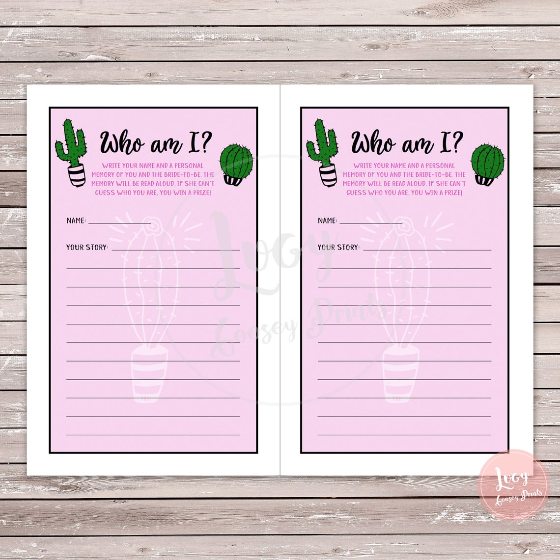 Who Am I Printable Game - Instant Download - Cactus Theme - Bridal ...