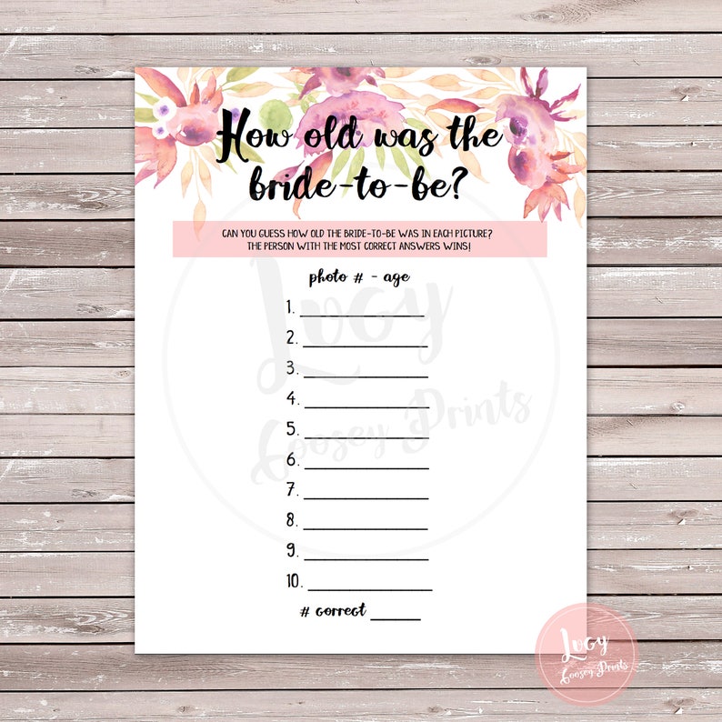 How old was the bride-to-be Printable Game Instant Download | Etsy