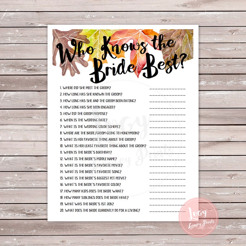 Who Knows the Bride Best Printable Game, Fall Flowers / Leaves / Autumn ...