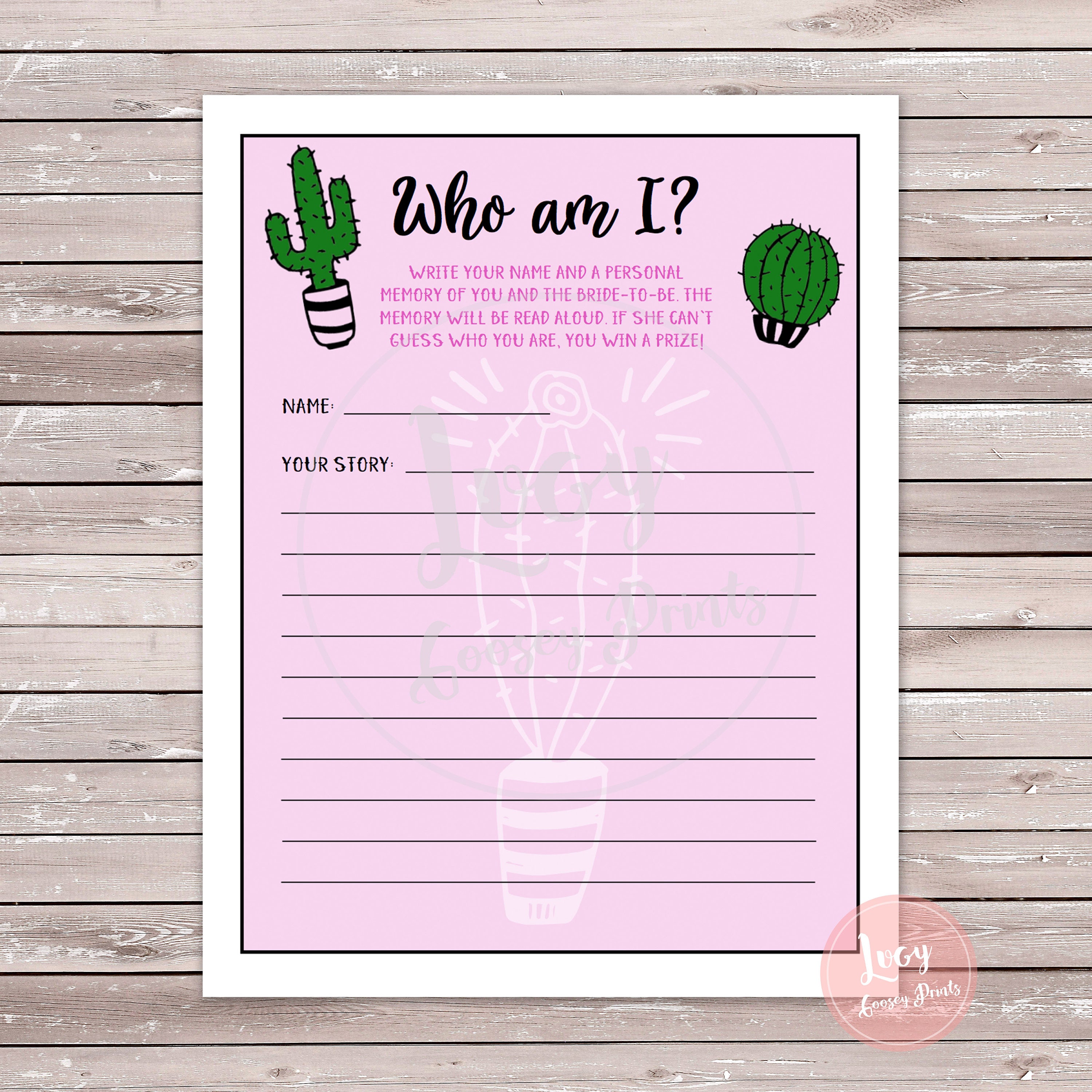 Who Am I Printable Game - Instant Download - Cactus Theme - Bridal ...
