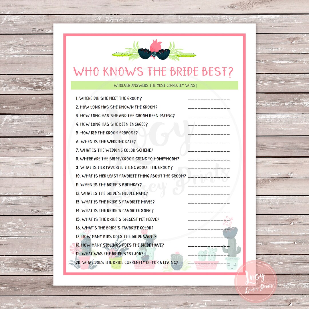 Who Knows the Bride Best? - Instant Download - Printable Game - Cactus ...