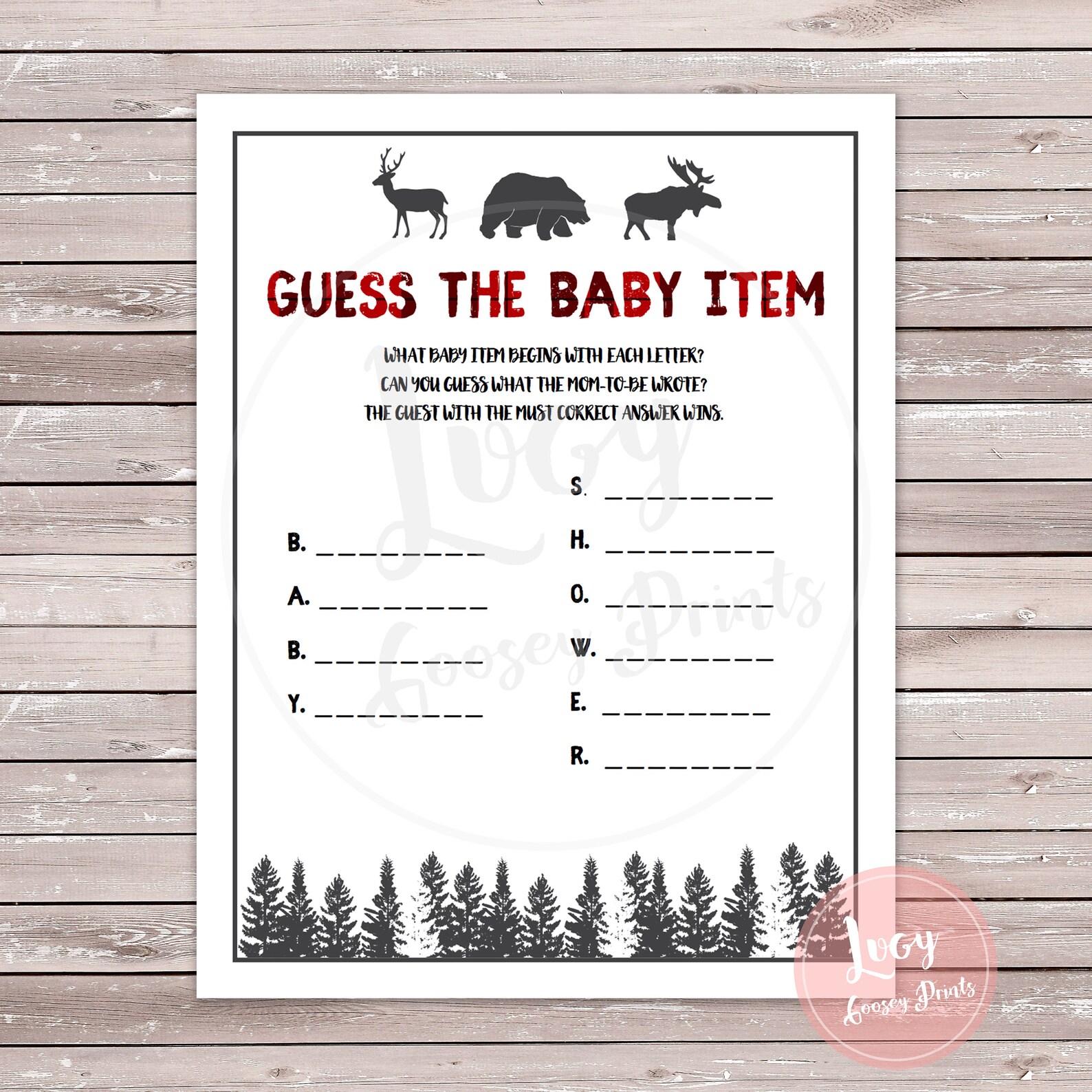 Guess the Baby Item Baby Shower Game - Instant Download - Woodland ...