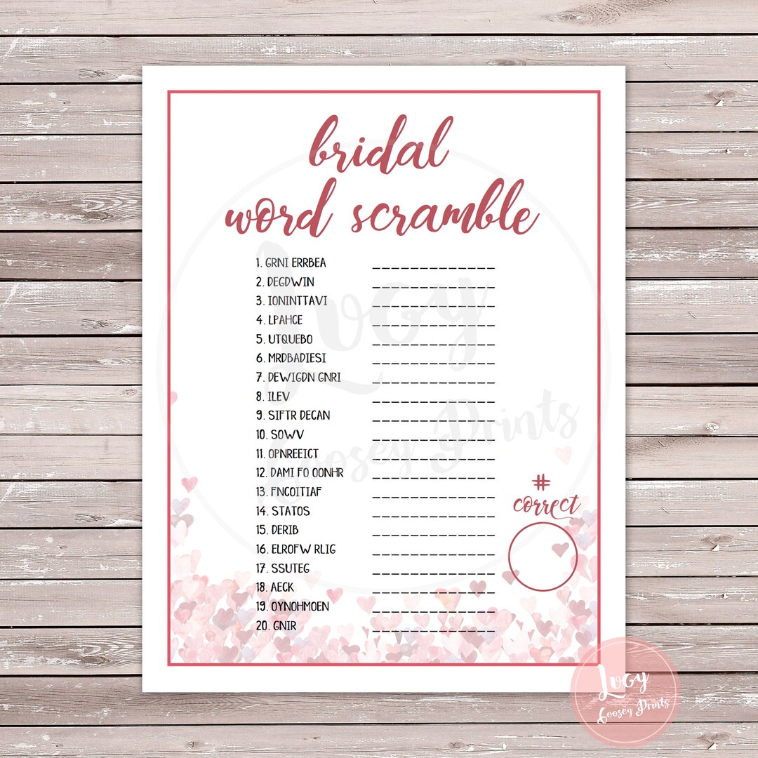 Bridal Word Scramble Instant Download - Printable Game - Hearts Theme ...