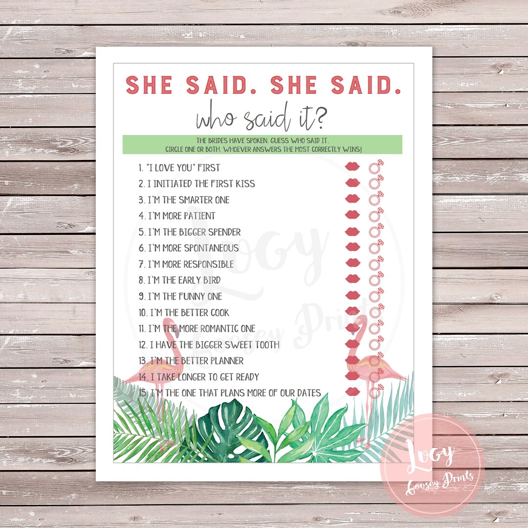 Who Said It / She Said. She Said. Printable Game, Bride Vs Bride ...