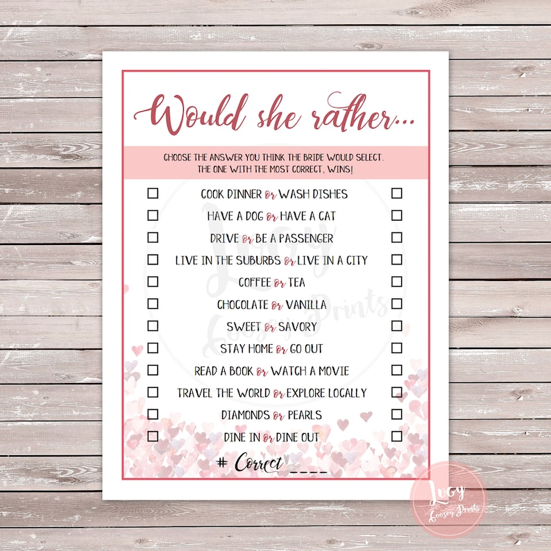Would She Rather Printable Game Instant Download Bachelorette Party