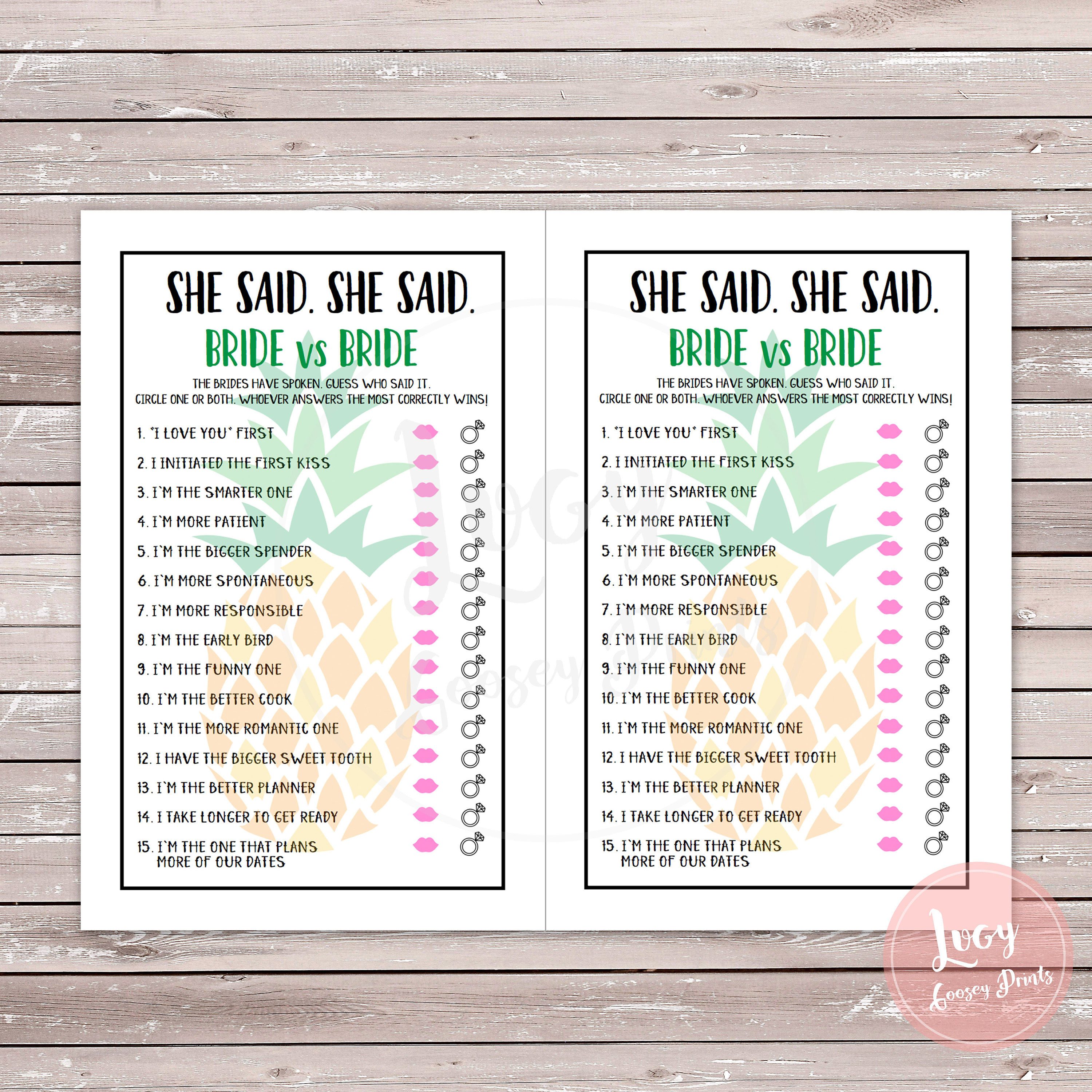 Who Said It Bride Vs Bride Version Printable Games Pineapple Theme - Etsy