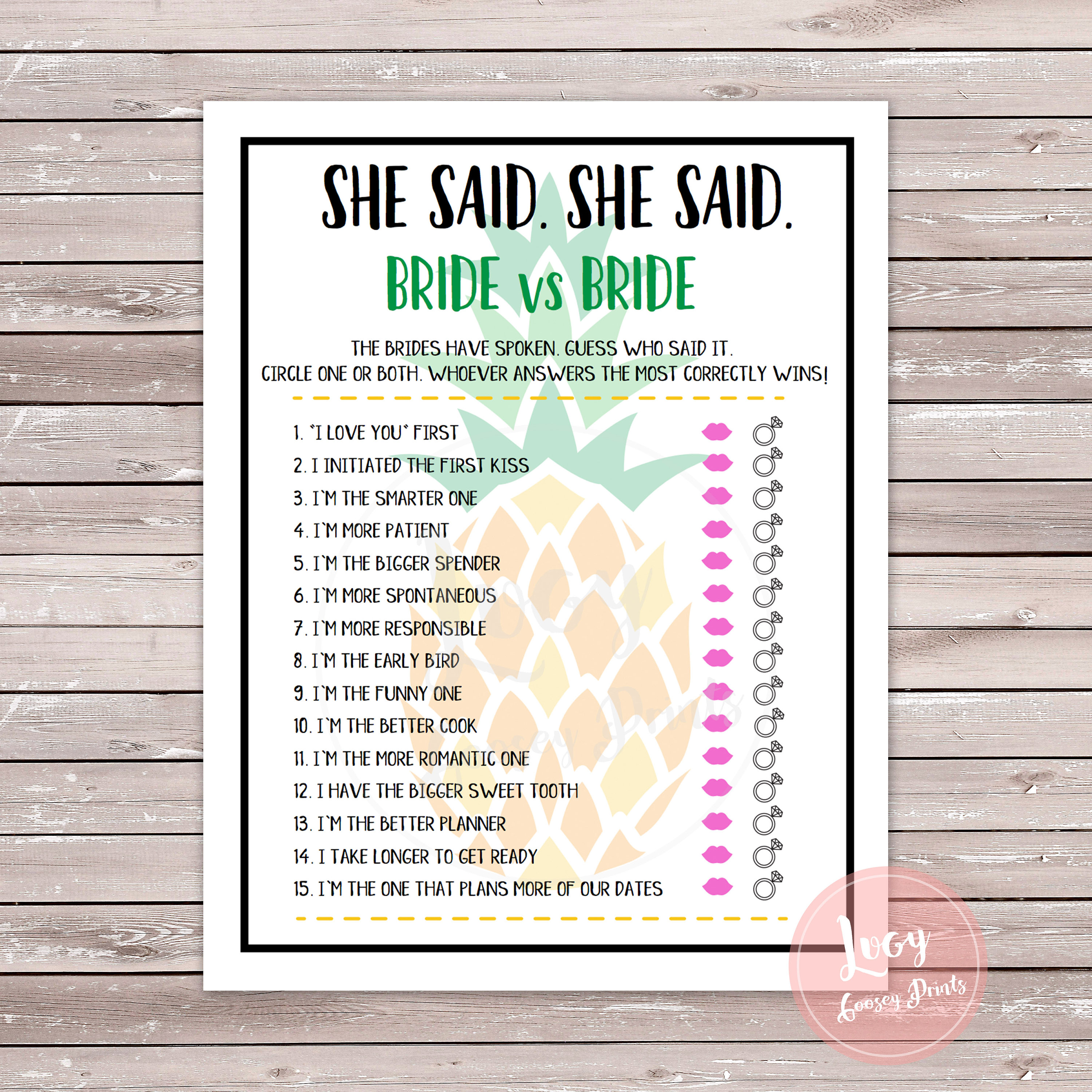 Who Said It Bride Vs Bride Version Printable Games Pineapple Theme - Etsy