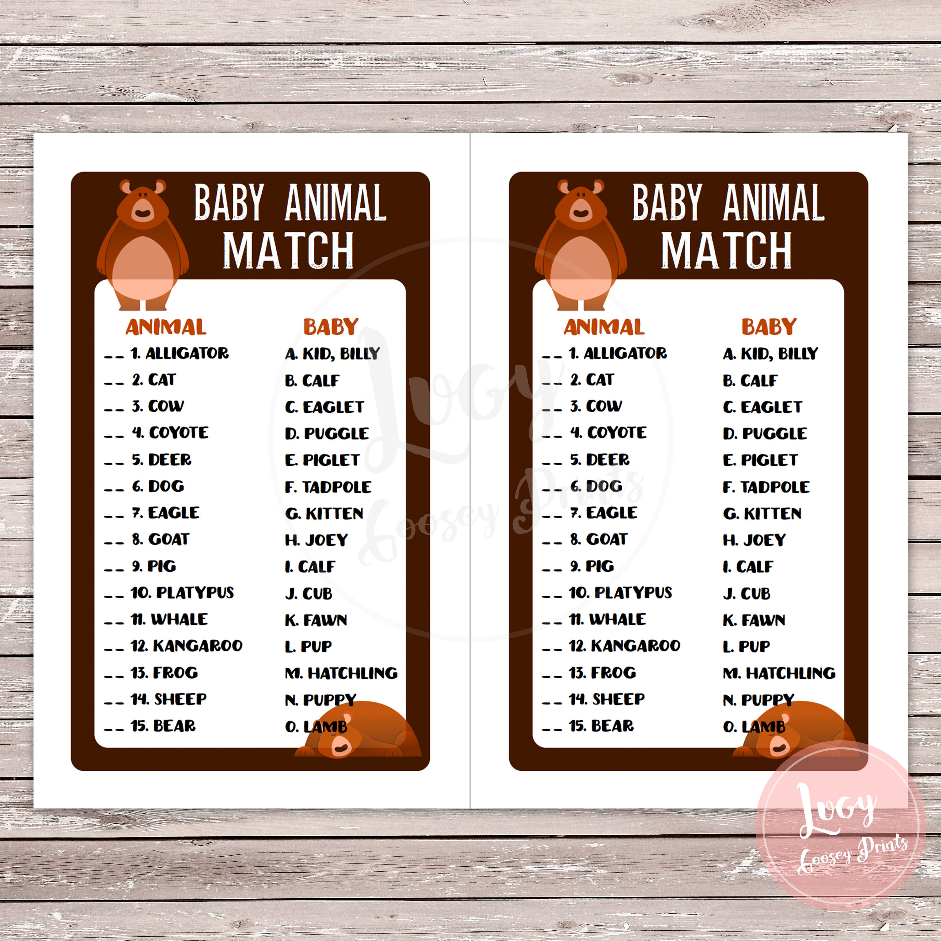 Baby Animal Match Printable Game, Bear Theme Baby Shower, Instant ...