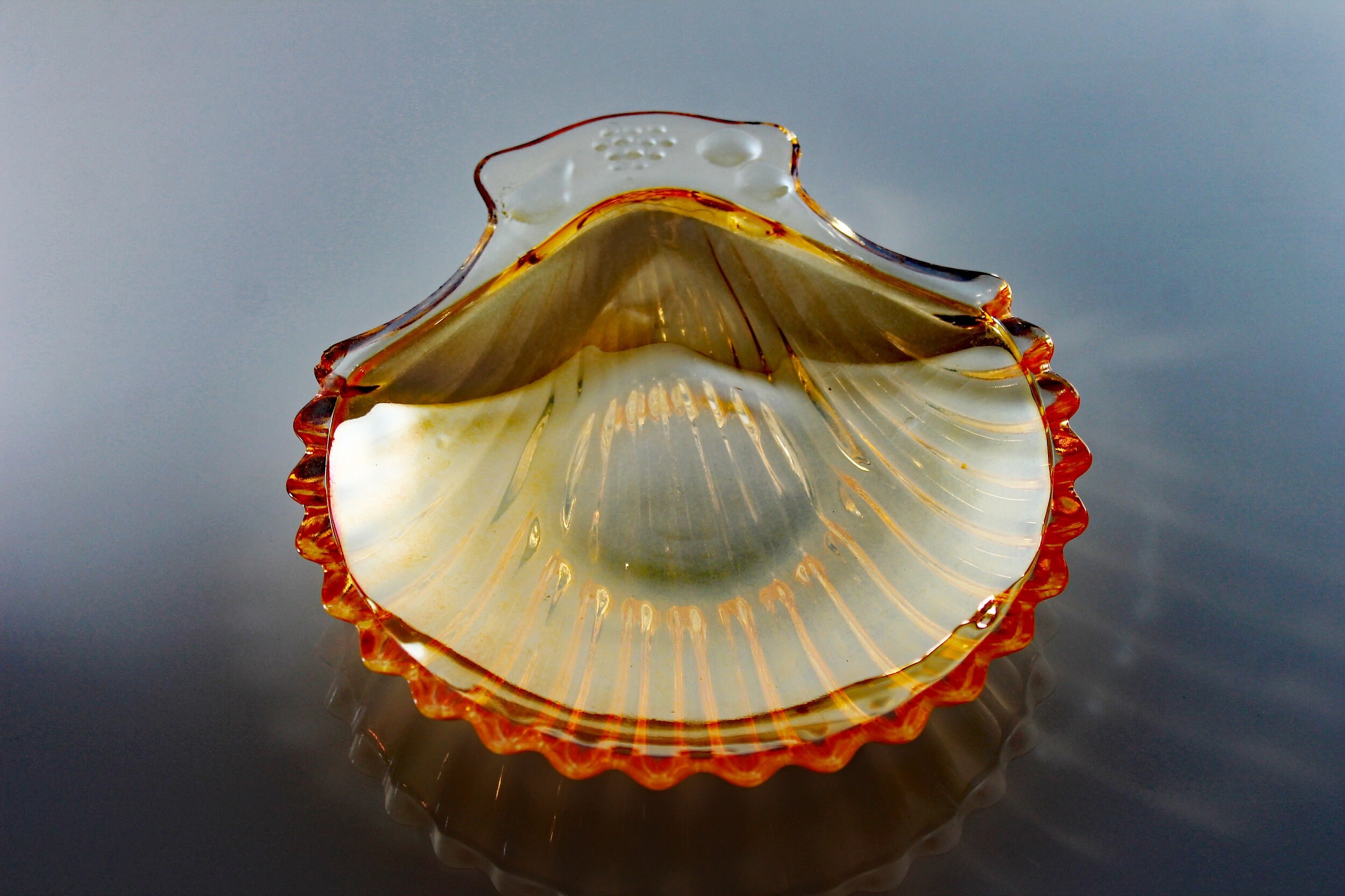 Shell Dish Iridescent Marigold, Carnival Glass, Trinket Bowl, Amber ...