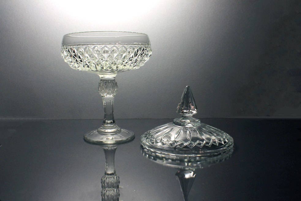 Glass Candy Dish, Compote, Indiana Glass, Diamond Point-Clear, Princess ...