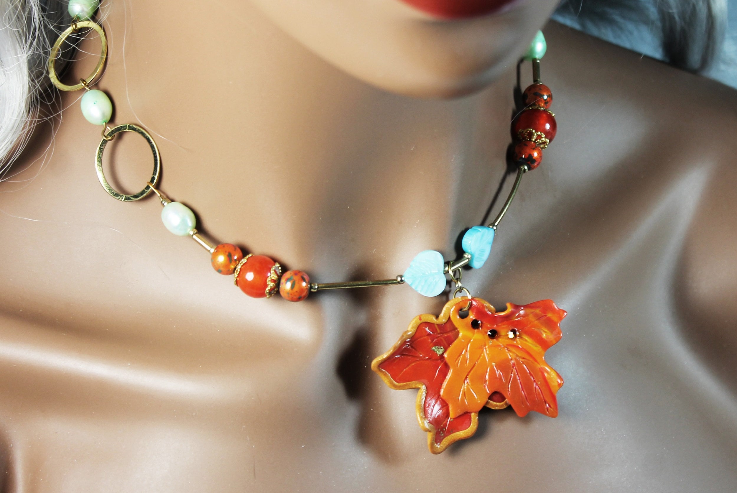 Double Maple Leaf Necklace, Autumn Orange, 16 Inch Chain, Retro Style