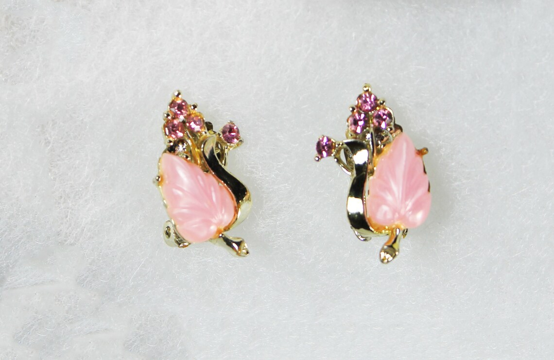 Pink Leaf Clip-On Earrings Pink Rhinestone Gold Tone | Etsy