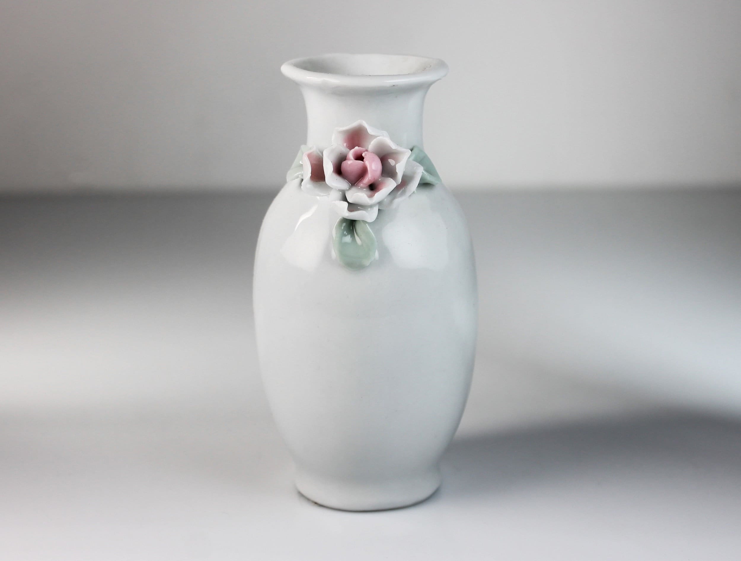 Miniature Raised Rose Vase, White and Pink, Hand Painted, 4 Inch