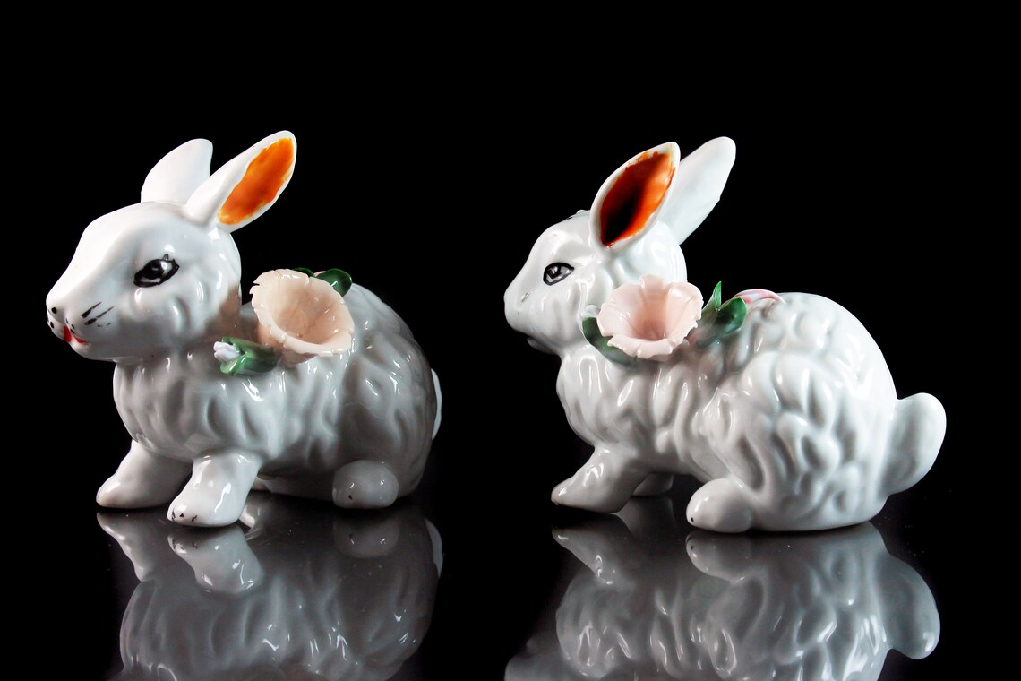 Rabbit Figurines Bunny Figurines Set of Two Hand Painted | Etsy