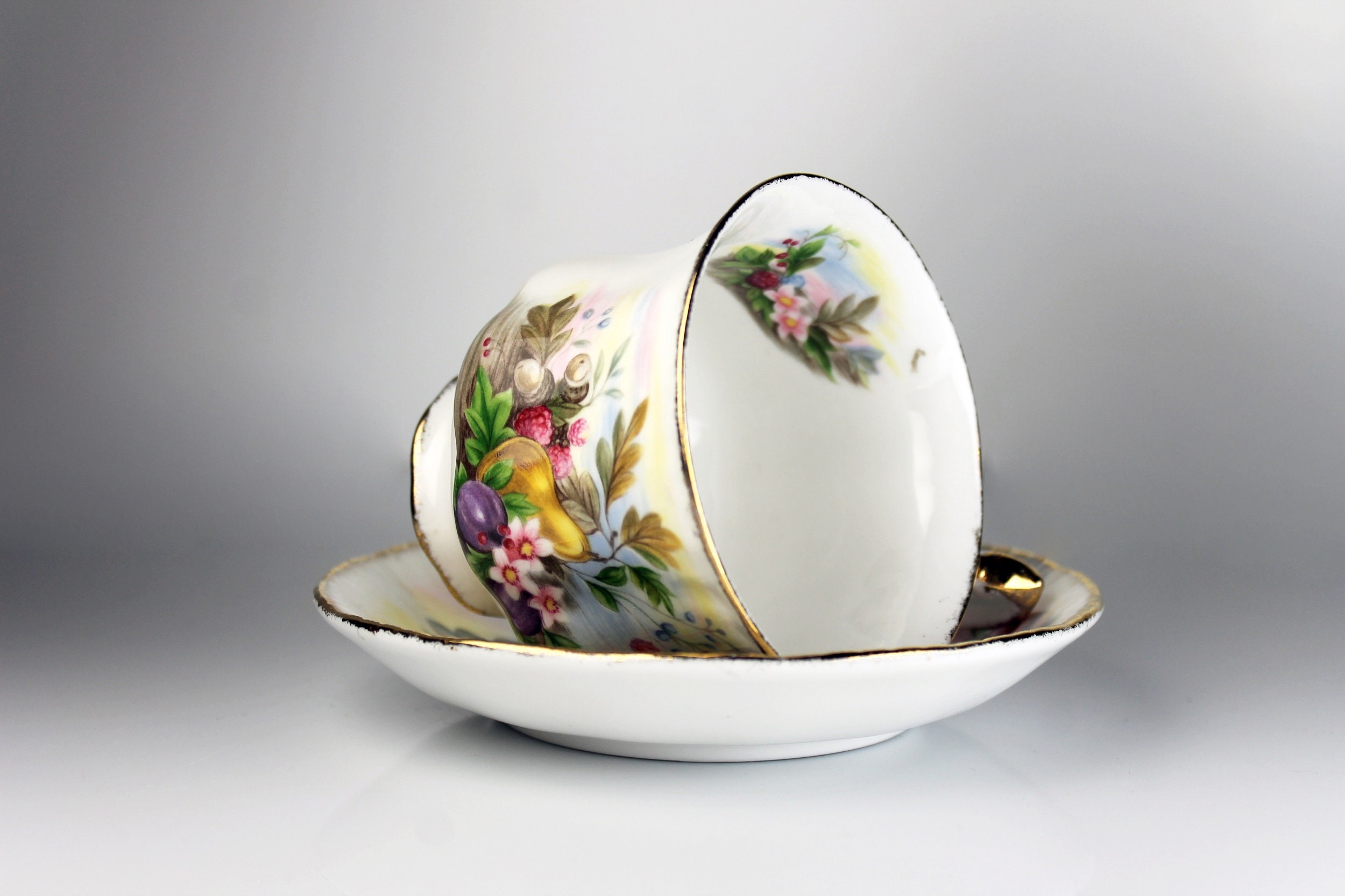 Footed Teacup and Saucer, Paragon China, Marlborough Series, Fruit ...