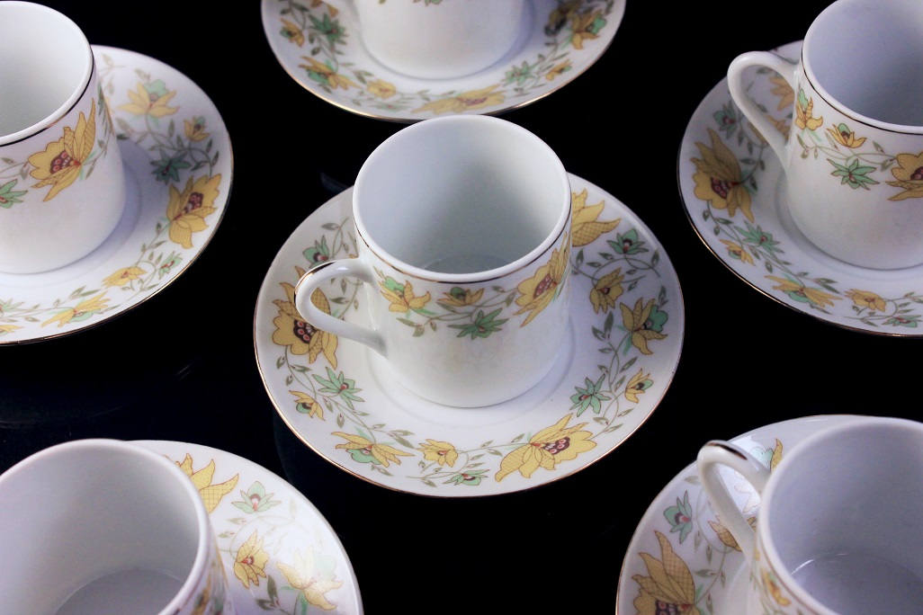 Demitasse Cups and Saucers, Yellow Floral, Espresso Cups, Set of 6 ...