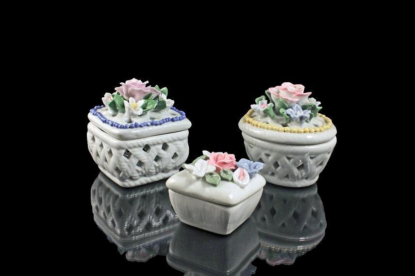 Trinket Boxes, Porcelain, Set of 3, White, Raised Flowers, Vanity Set ...