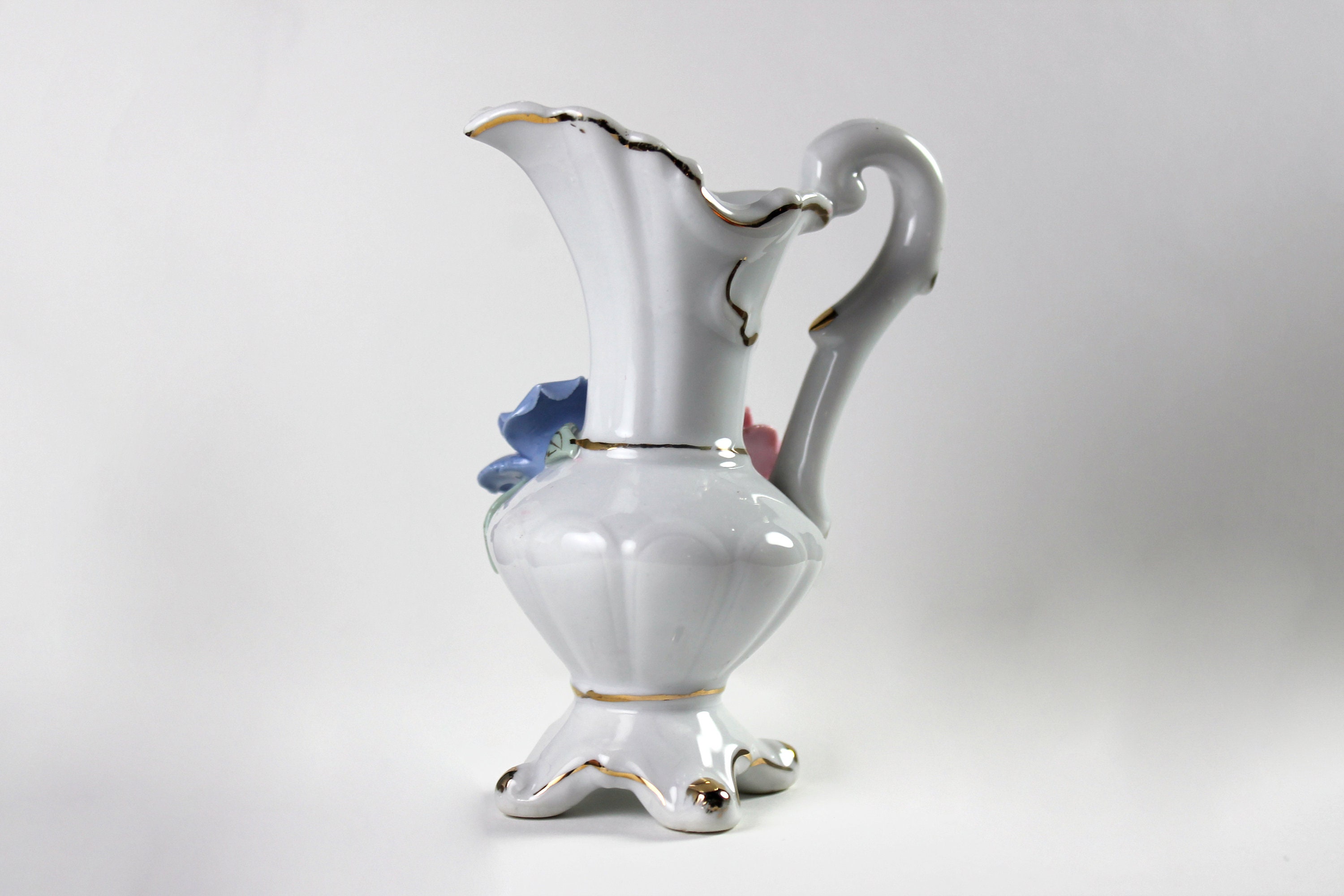 Miniature Raised Rose Pitcher, Collectible, Gold Trimmed, Miniature Vase