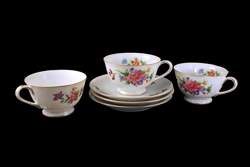 Footed Cups and Saucers, Sango China, Occupied Japan, Floradel, Floral ...