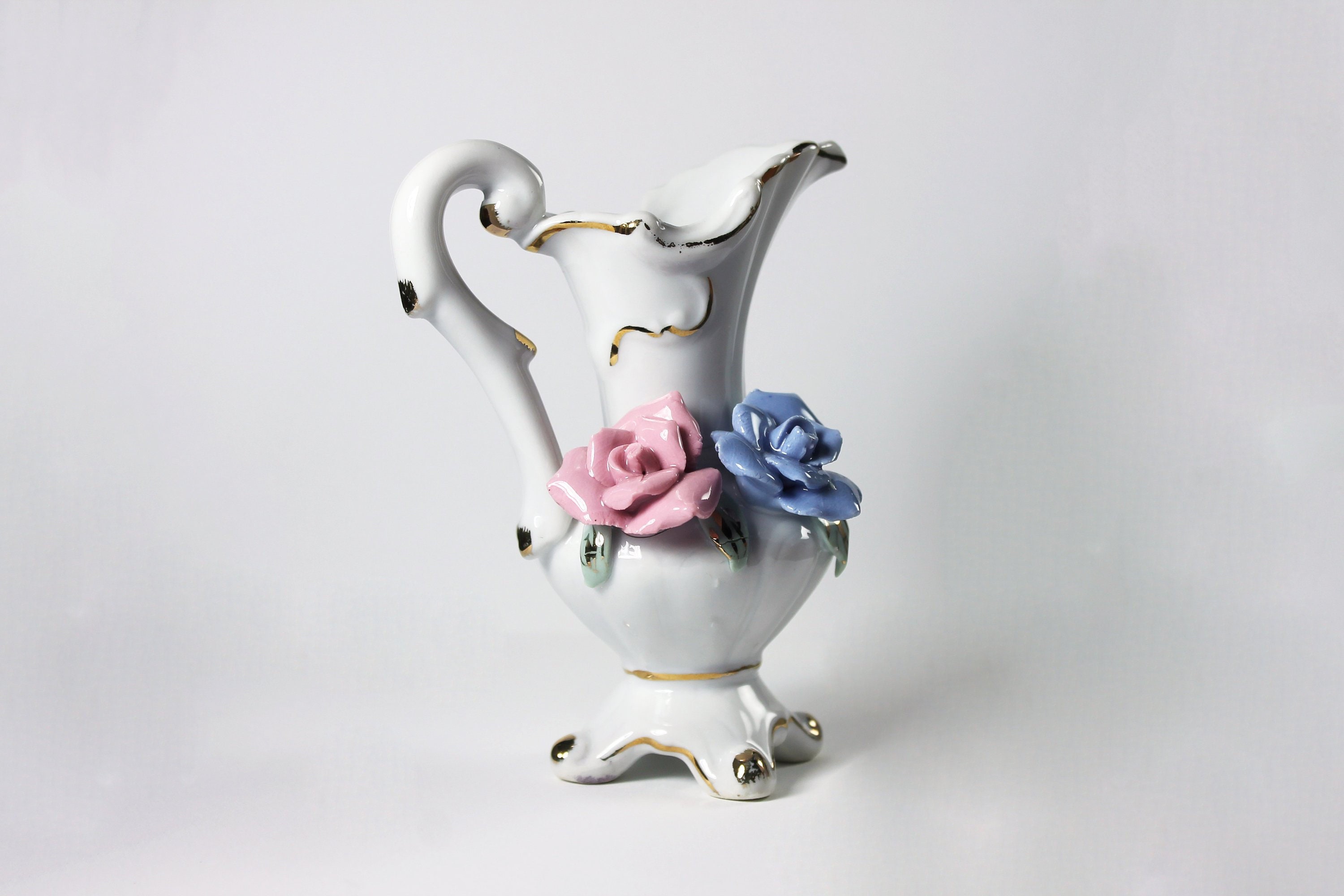Miniature Raised Rose Pitcher, Collectible, Gold Trimmed, Miniature Vase