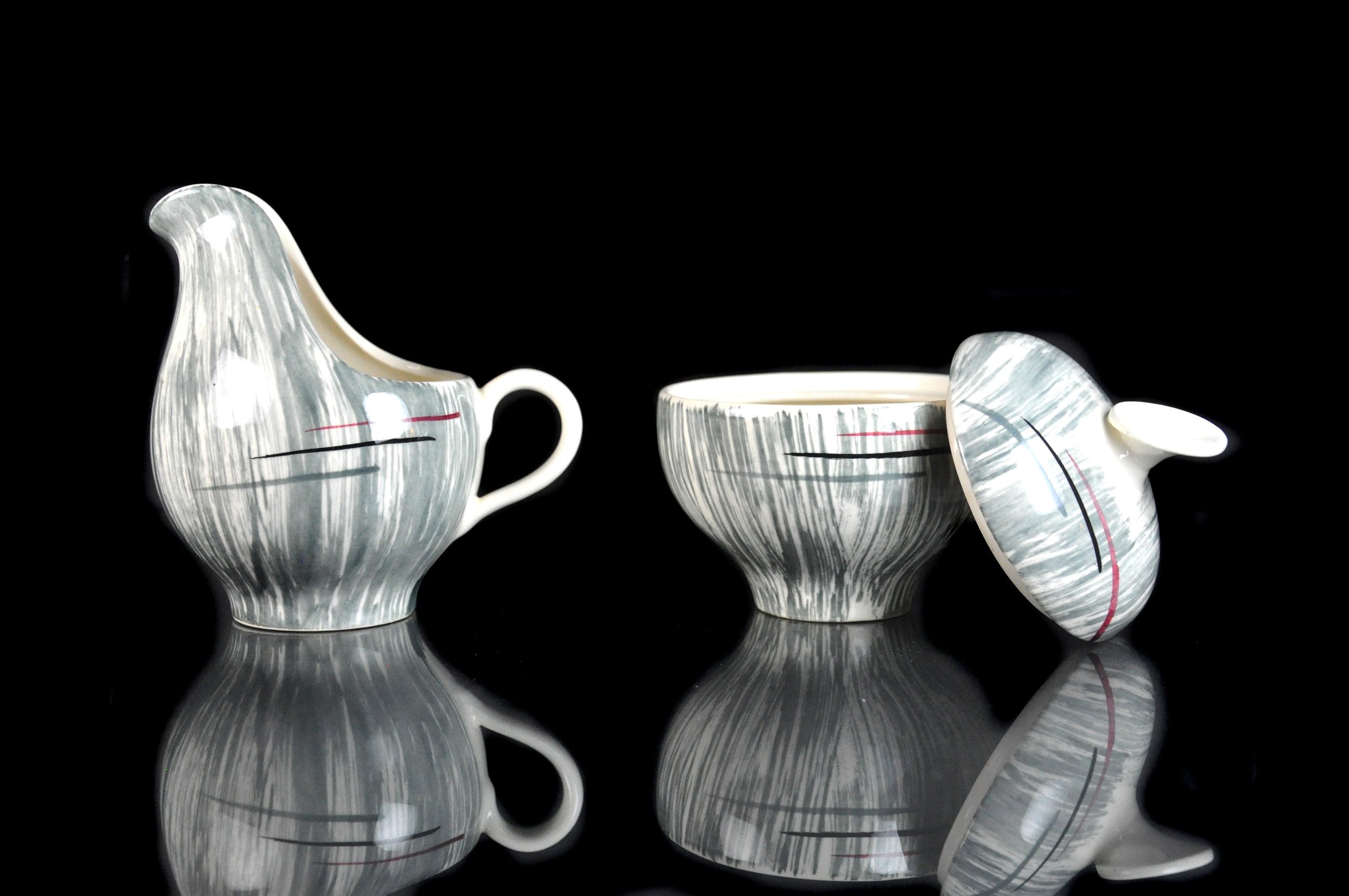 Sugar and Creamer, Prim Rose China, Gray Stripes, Large, Hand Painted