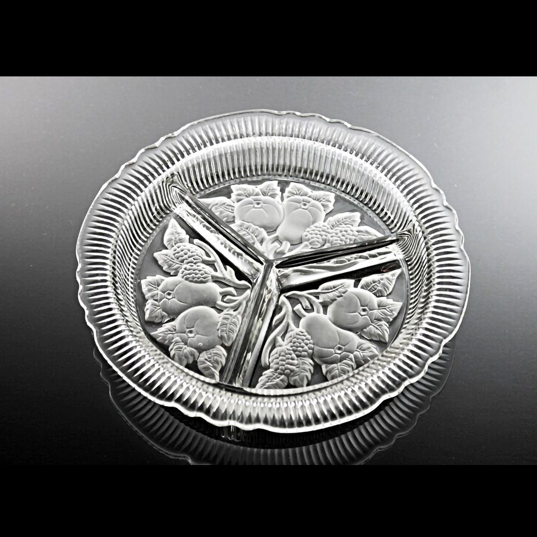 Three Section Divided Bowl, Imperial Glass, Intaglio Fruit, Frosted ...