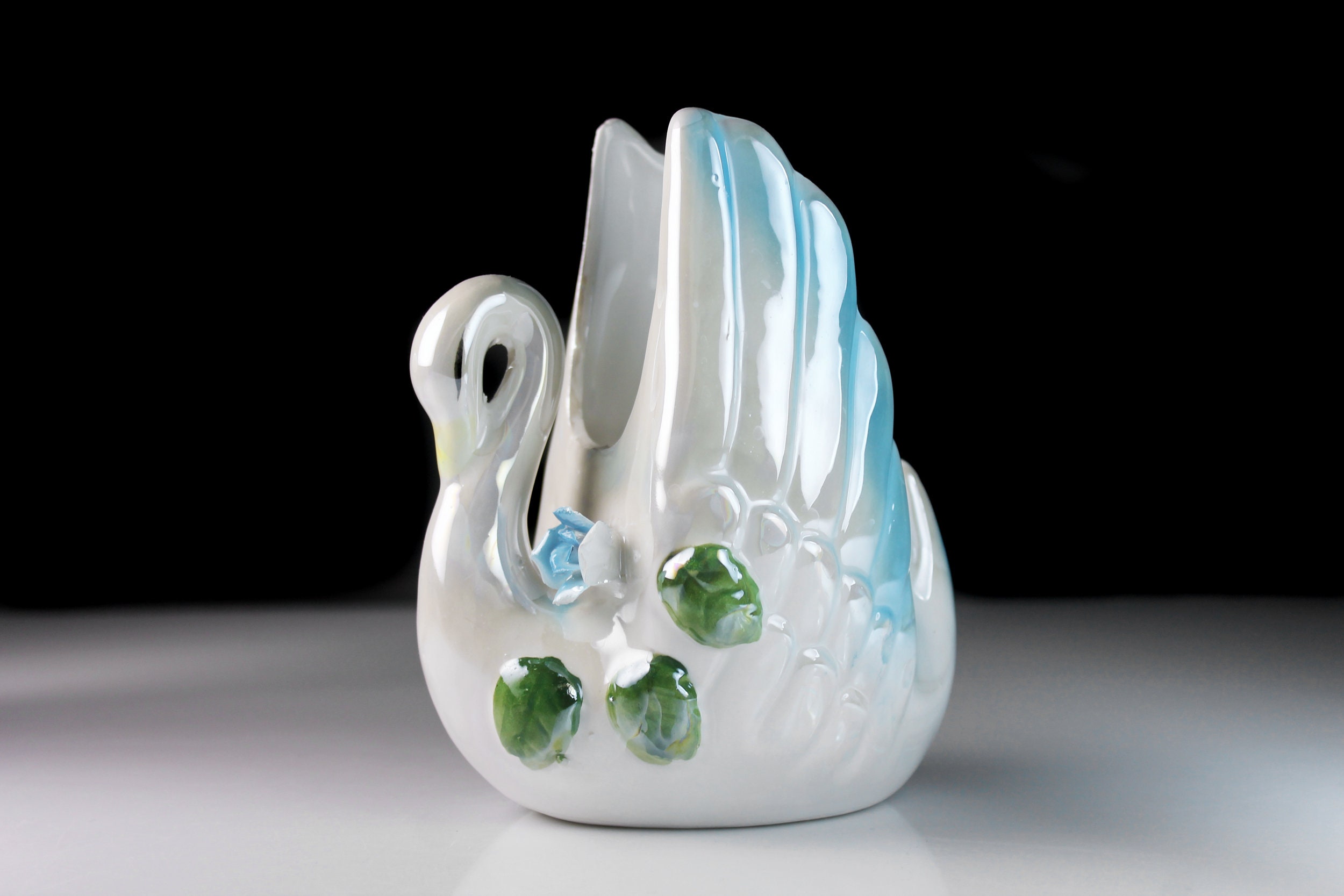 Swan Planter, Blue Trim, Raised Flowers, Bird, Figurine, Porcelain ...