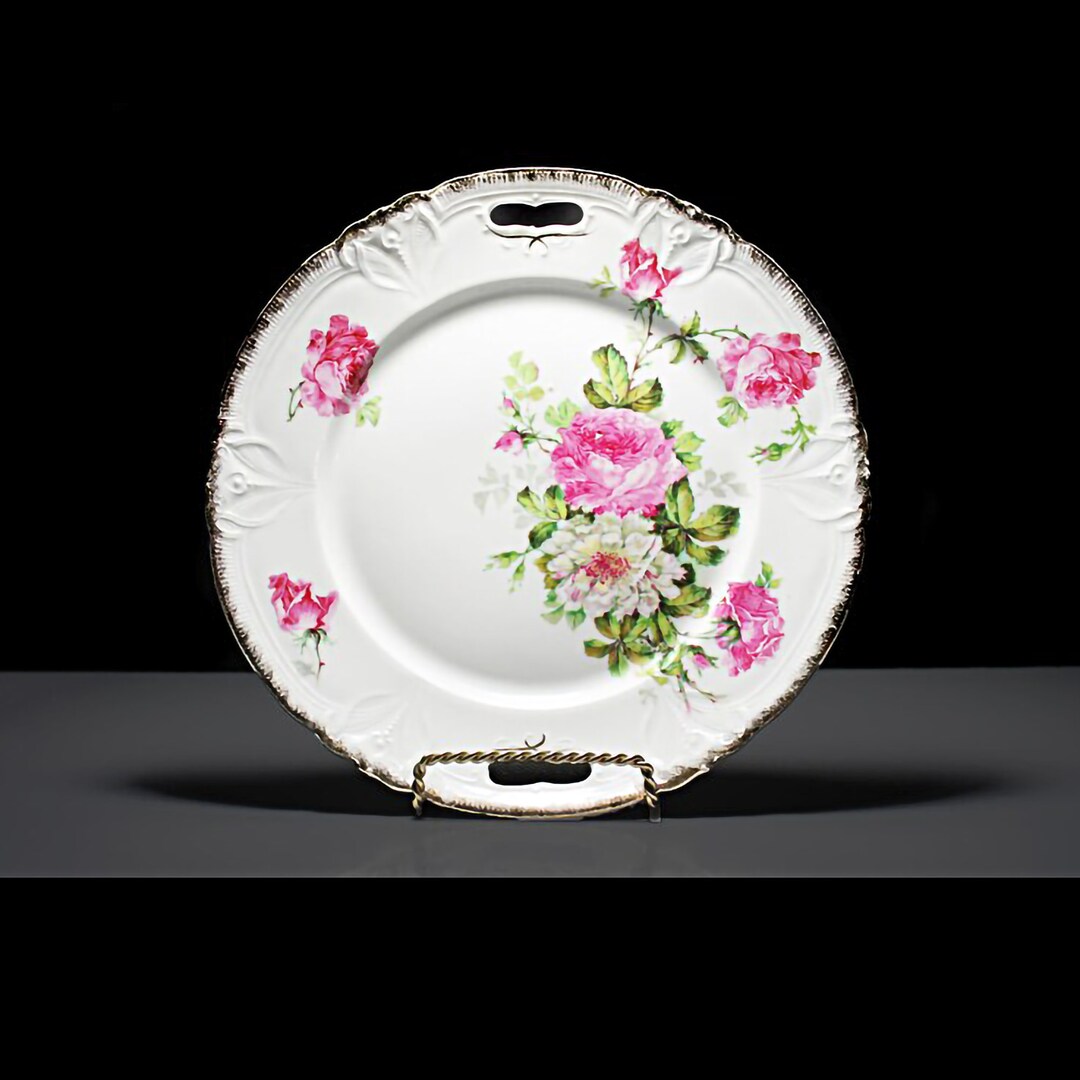 Footed Cake Plate, Hand Painted, Floral Pattern, Embossed, Double ...