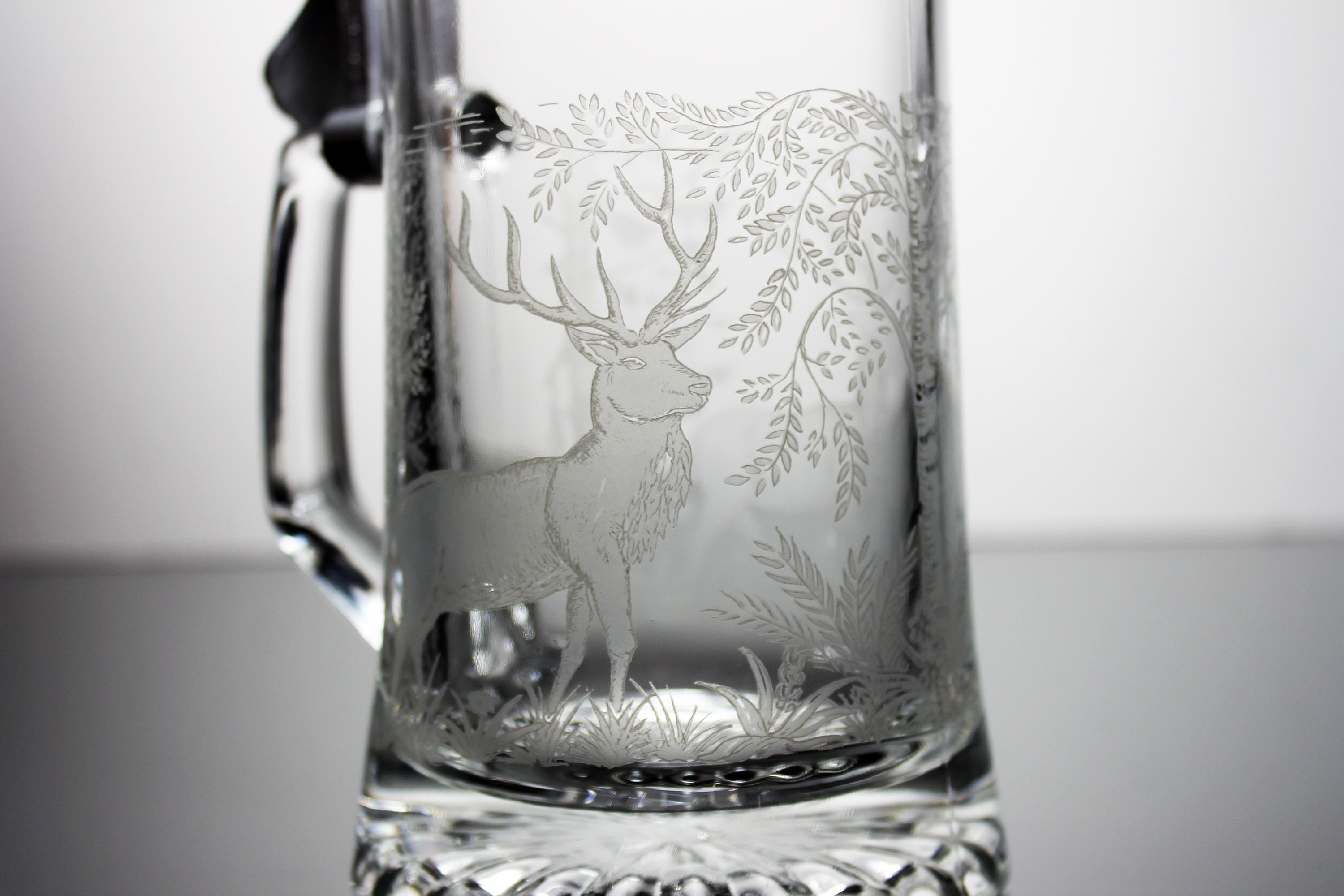 Lidded Etched Beer Stein, ALWE West Germany, Deer in Forest, Clear ... Lidded Etched Beer Stein, ALWE West Germany, Deer in Forest, Clear ...