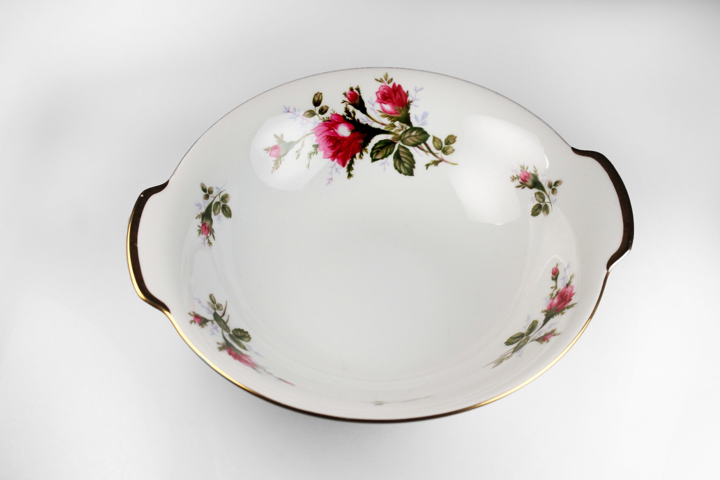 Round Handled Vegetable Bowl, Sango Japan, Moss Rose, Red Floral ...