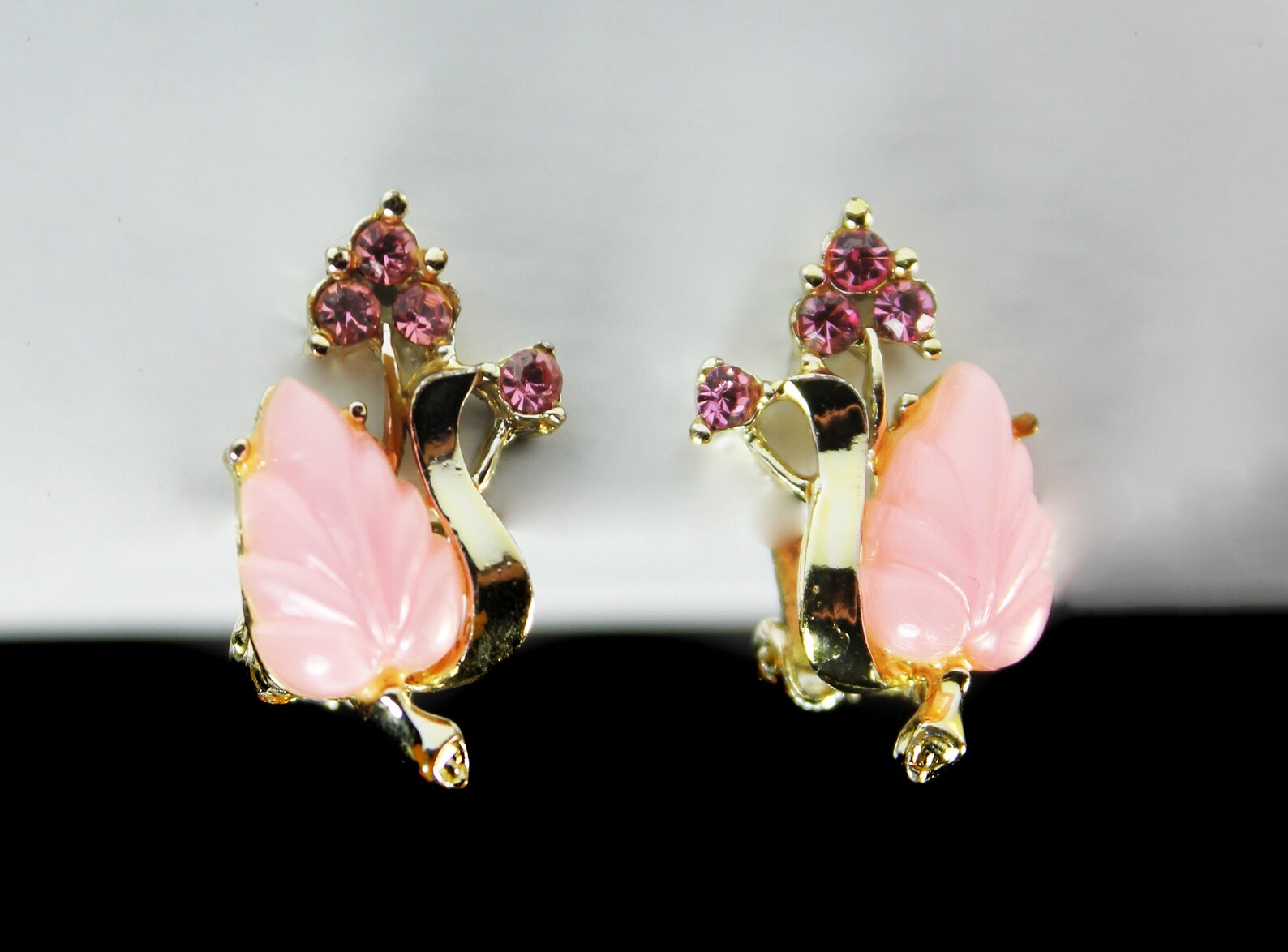 Pink Leaf Clip-On Earrings Pink Rhinestone Gold Tone | Etsy