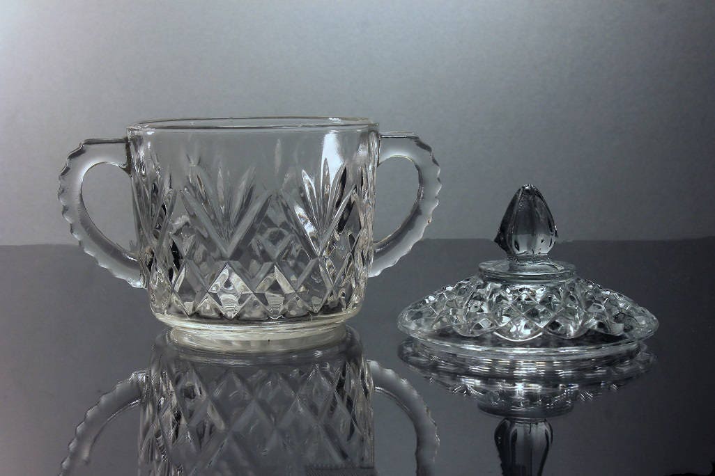 Lidded Sugar Bowl, Anchor Hocking, Prescut, Clear Glass, Fan Pattern ...