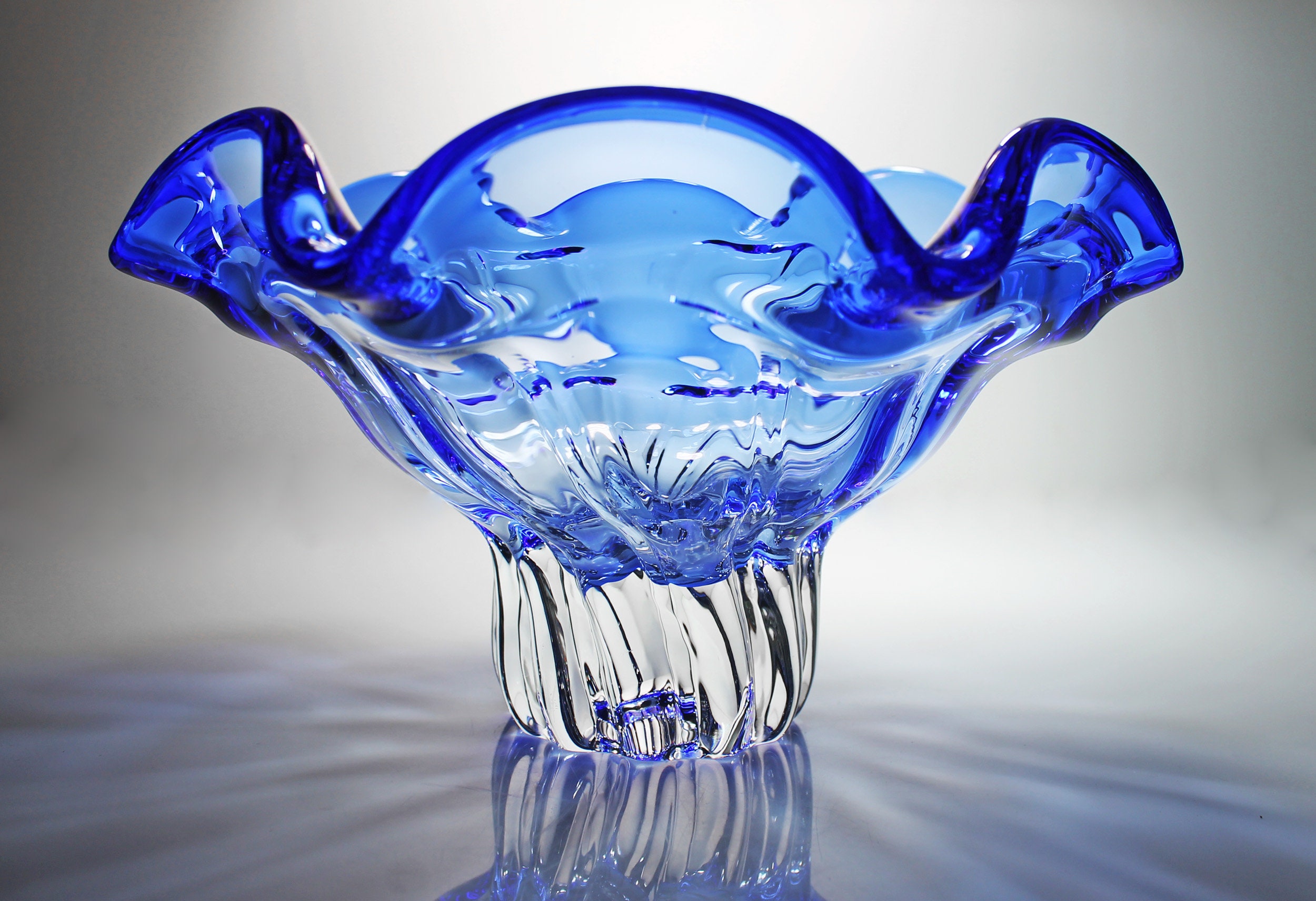 Art Glass Compote Bowl, Display Bowl, Blue and Clear Glass, Decorative ...