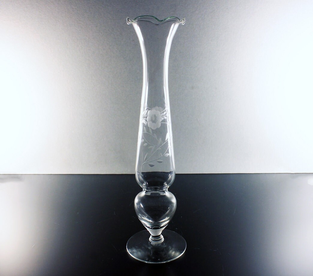 Etched Glass Bud Vase Clear Glass Fluted Top Pedestal Base Floral Pattern