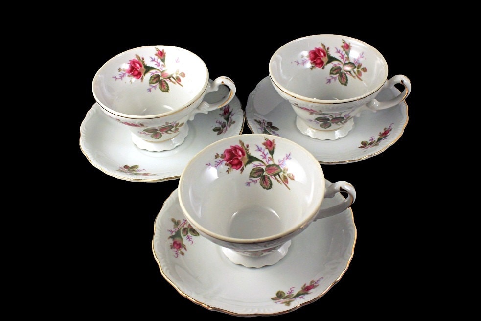 Tea Cups and Saucers, Royal Sealy, Moss Rose Pattern, Set of 3, Rose ...