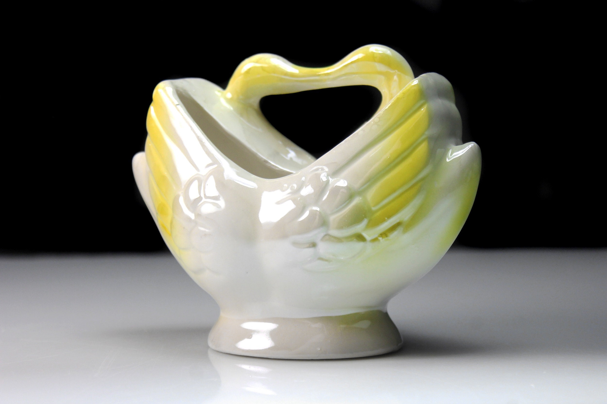 Kissing Swan Planter, Yellow Lusterware, Raised Rose, Double Swans ...