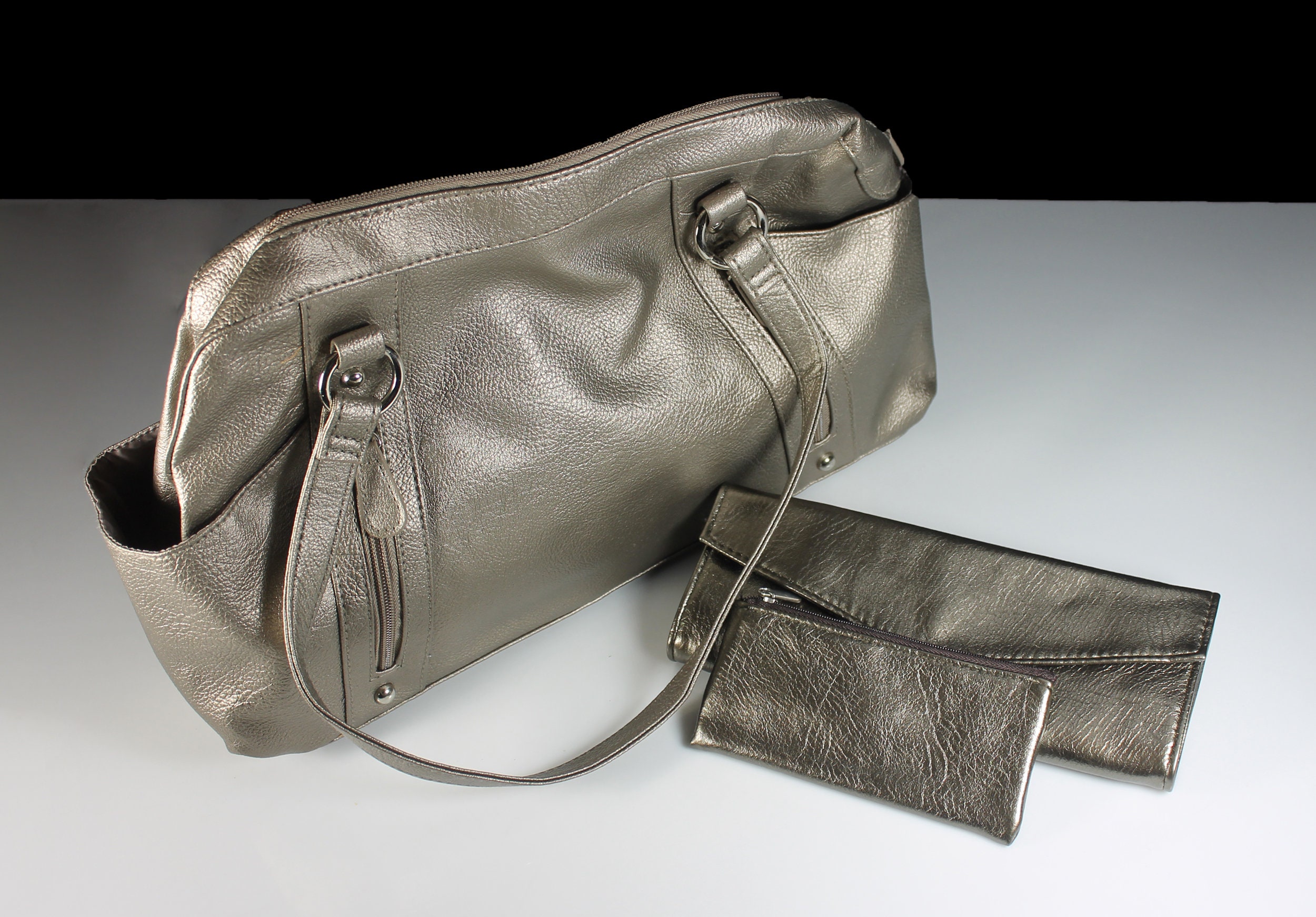 Avon Metallic Gold Handbag, Faux Leather, Compartmental Organizer ...