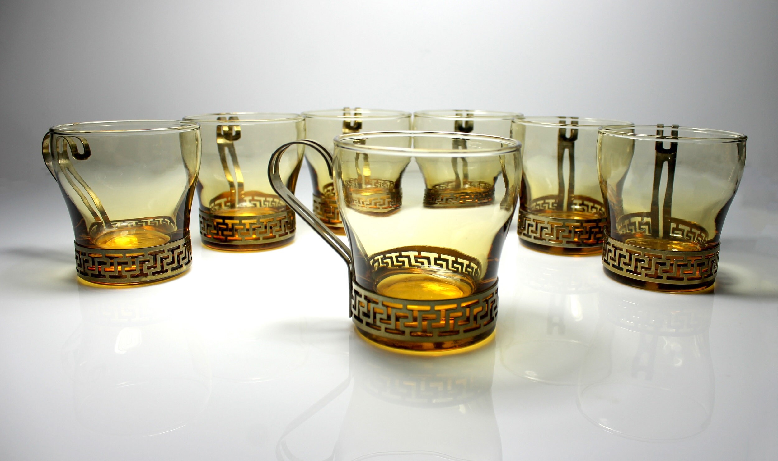 Libbey Amber Coffee Cups, Greek Key Metal Handles, Set of 7, 6 Ounce