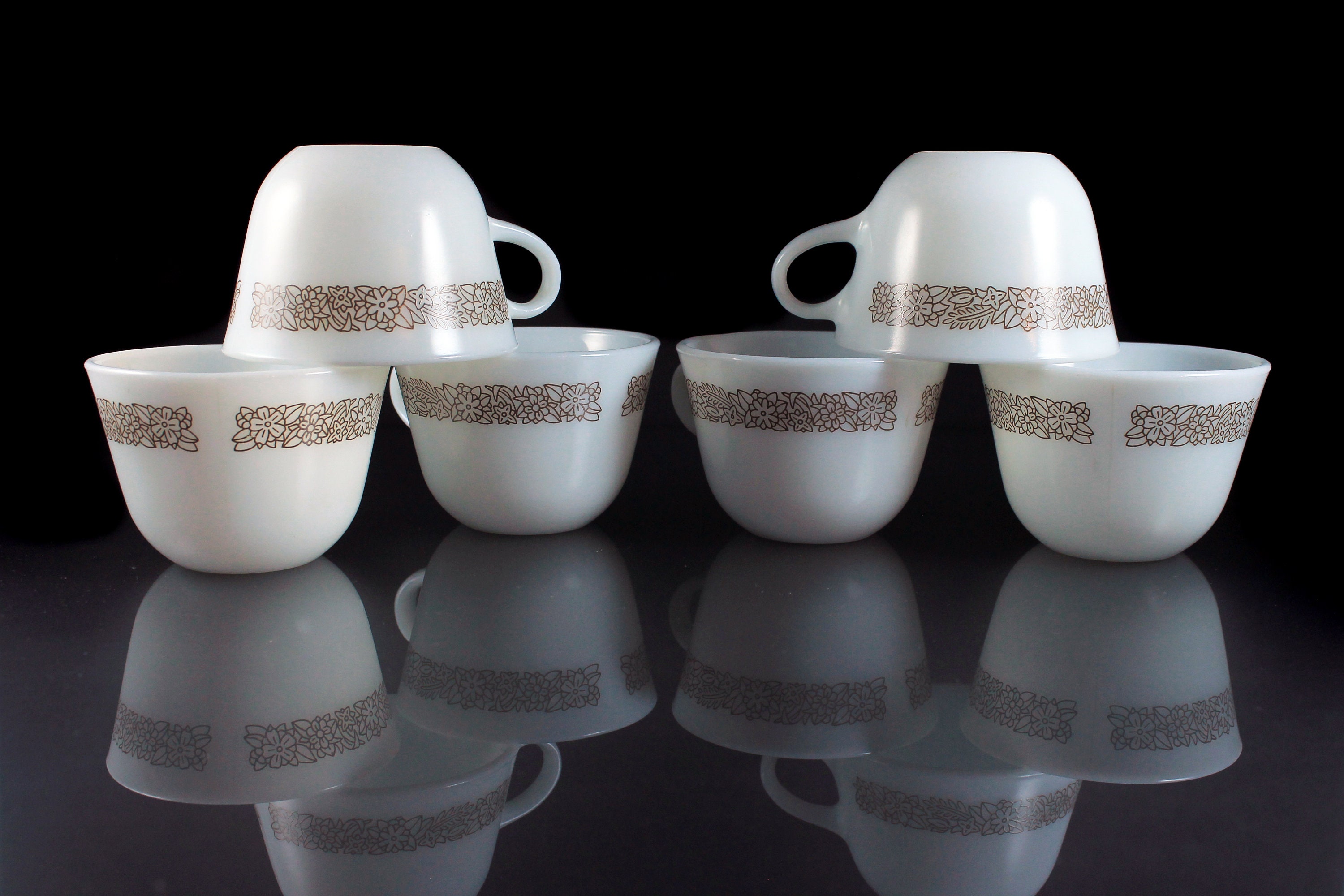 Corning Coffee Cups, Woodland, Teacups, Set of 6, Milk Glass, Brown Floral