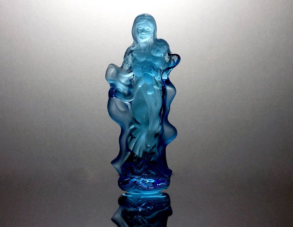 Madonna and Child Figurine, Blue Glass, Blue Frosted Glass, 6-Inch, Statue