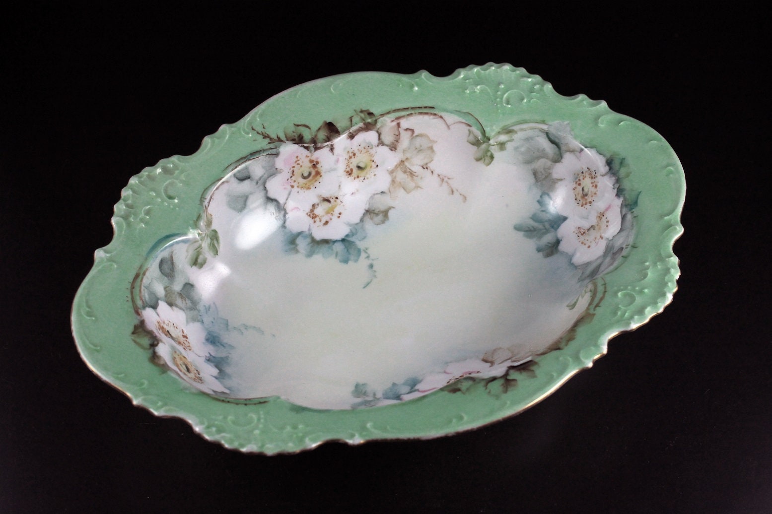 Oval Vegetable Bowl, White Floral, Green Trimmed, 9 Inch, Serving Bowl ...