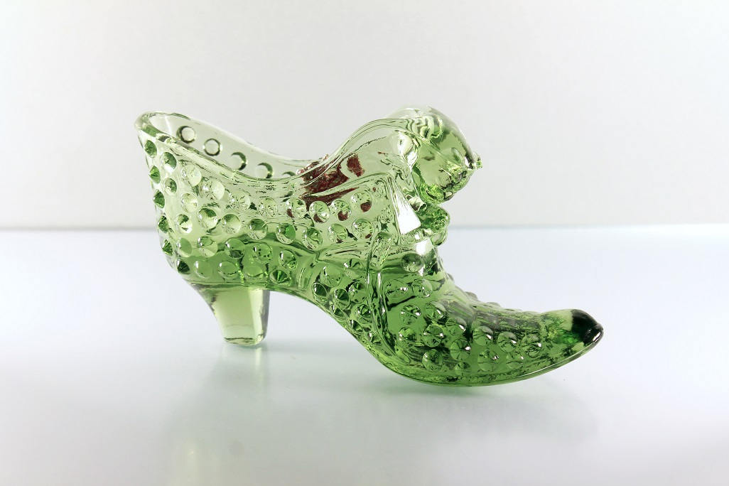 Fenton Art Glass Slipper Hobnail Green Original Label Cat Head Home Decor Tware