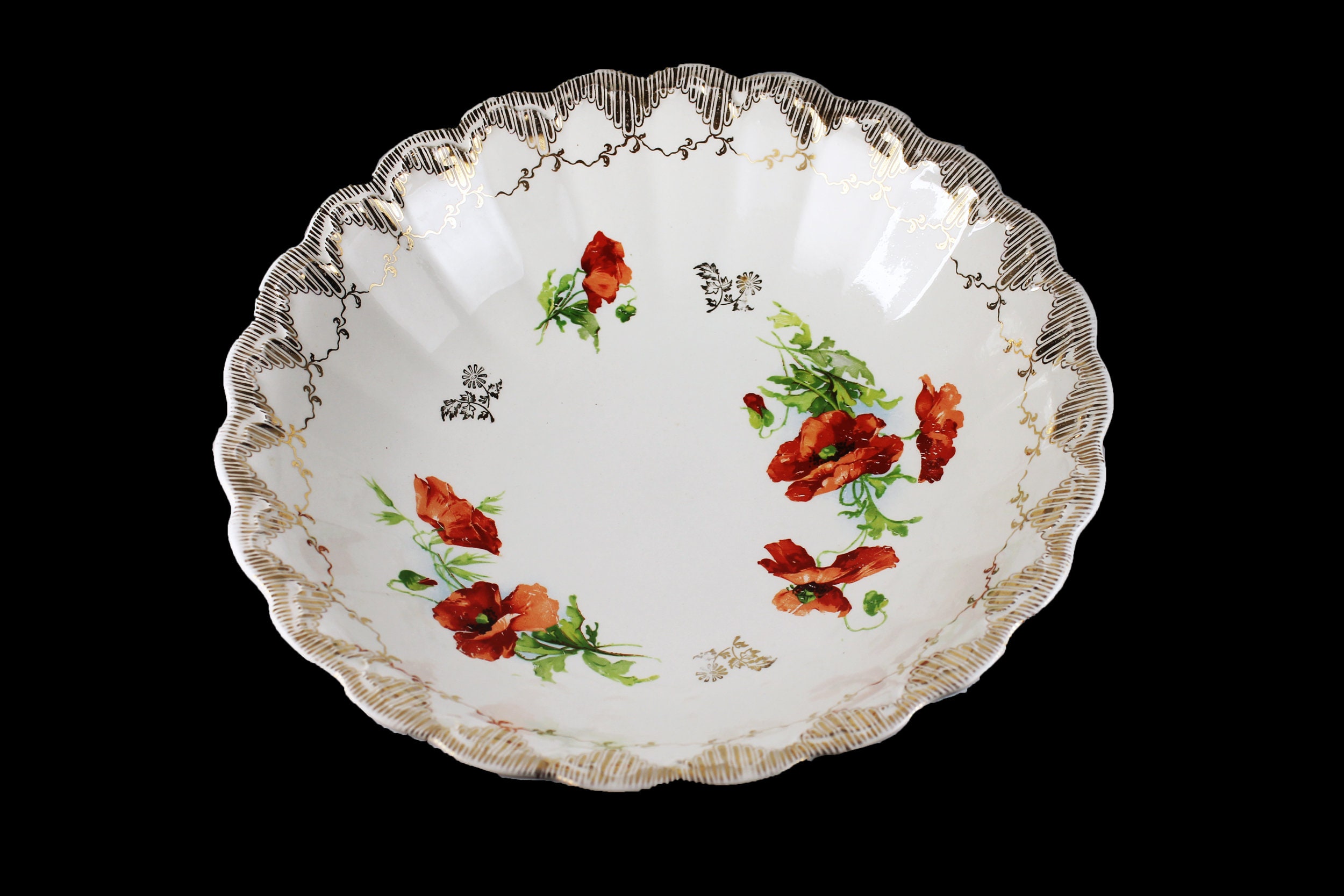 Vegetable Bowl, Poppy Pattern, Gold Trimmed, 10 Inch, Serving Bowl ...